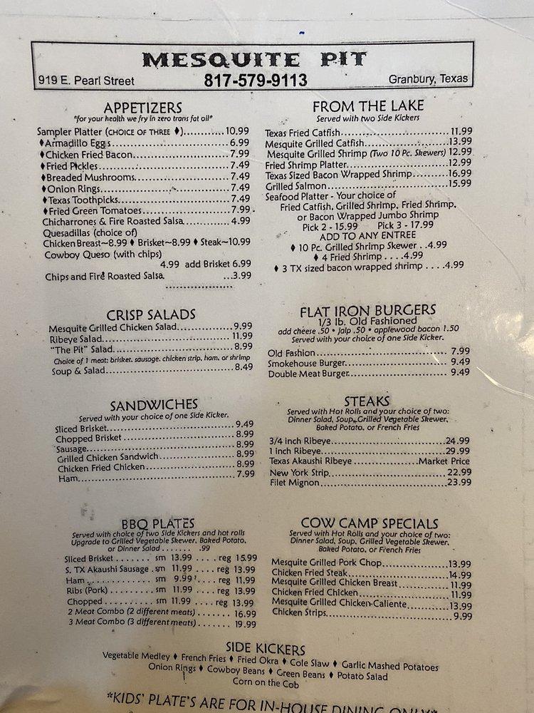 Menu at Mesquite Pit Steaks and Bar B Q, Granbury