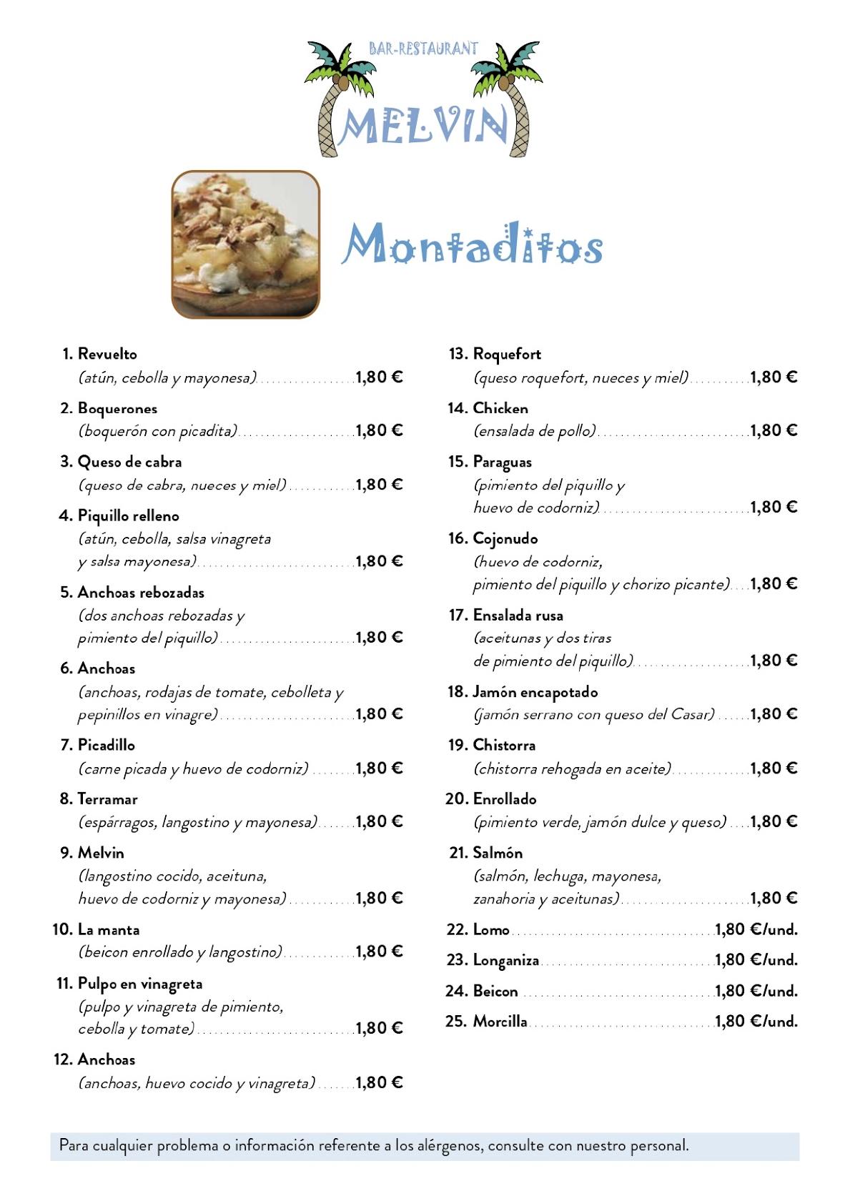 Carta de Restaurant Melvin, Vilaseca