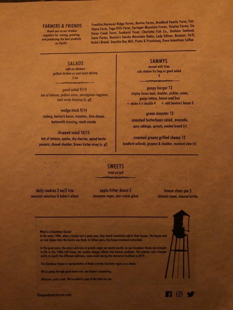 Menu at The Goodyear House pub & bar, Charlotte