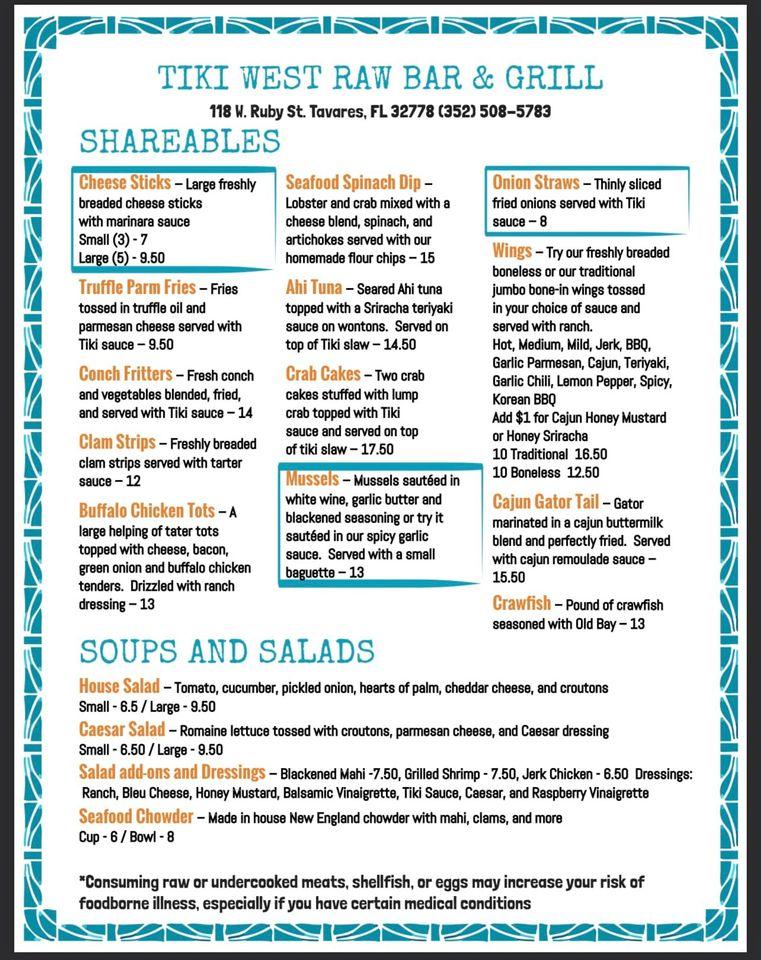 Menu at Tiki West Raw Bar and Grill, Tavares
