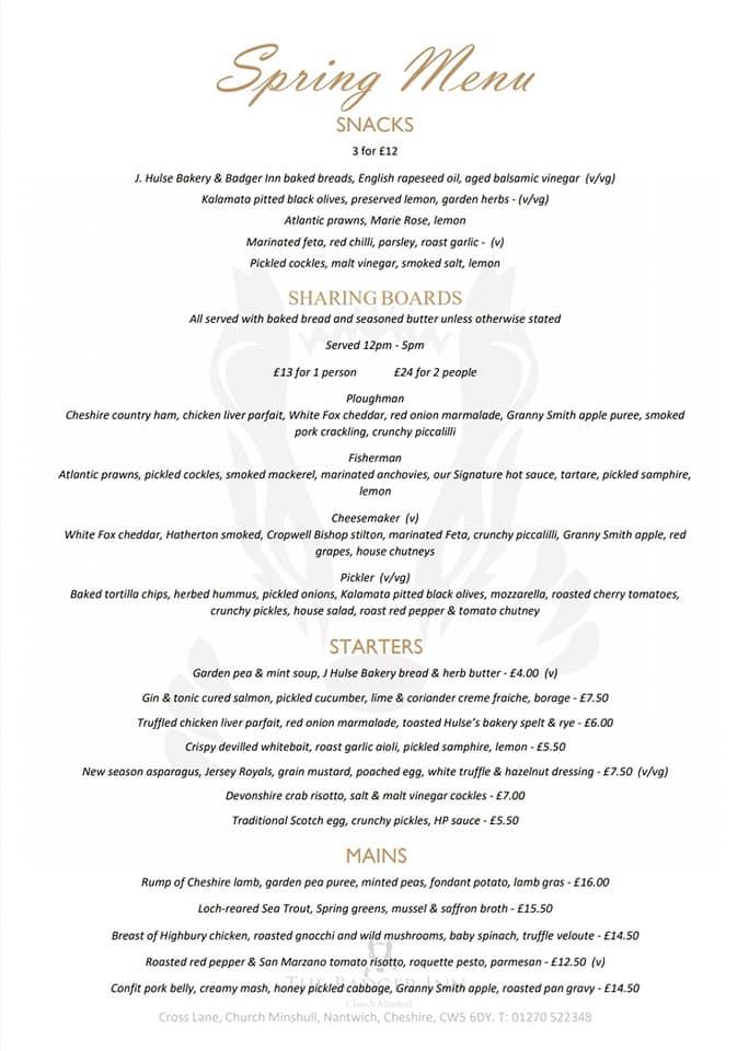 Menu at The Badger Inn pub & bar, Church Minshull