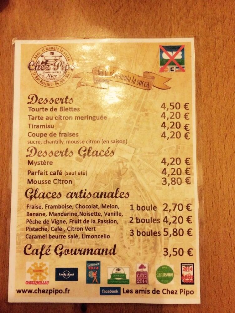 Menu at Chez Pipo restaurant, Nice, 13 Rue Bavastro