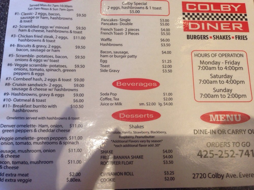 Menu at Colby Diner restaurant, Everett