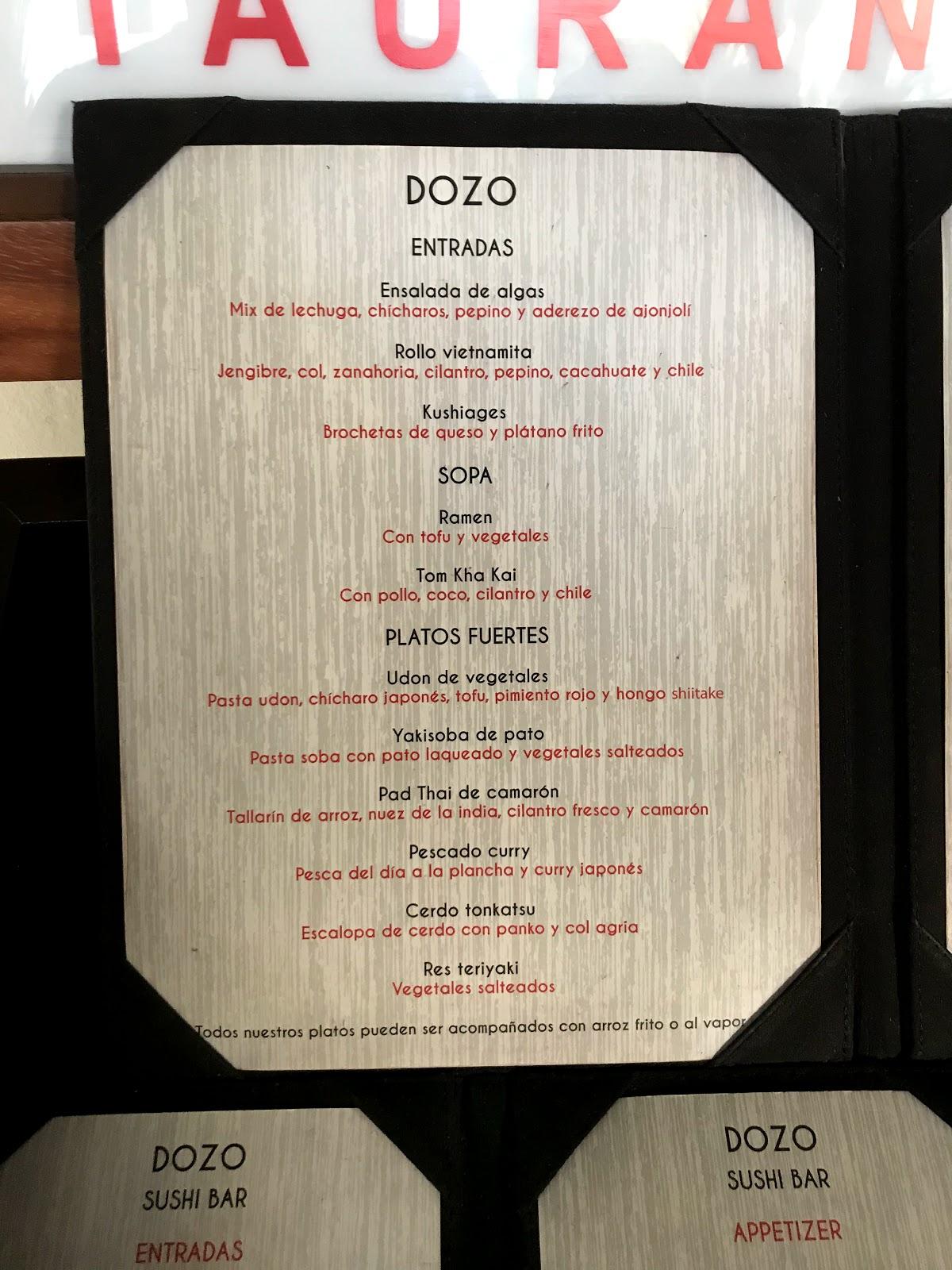 Menu at DoZo restaurant, San José del Cabo, Paseo Malecon Sn Lote 5