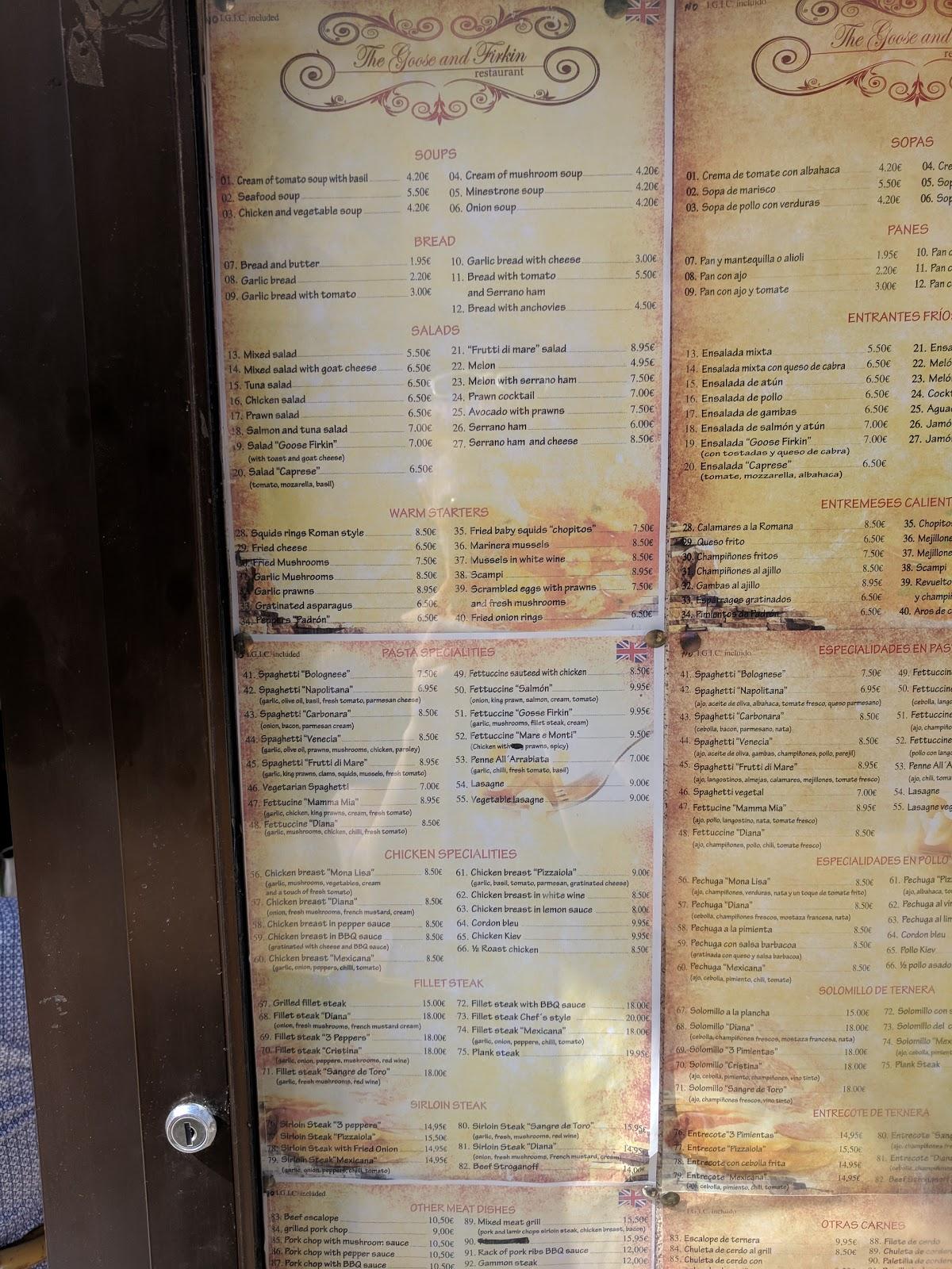 Menu at Goose and Firkin pub & bar, Castillo Caleta de Fuste