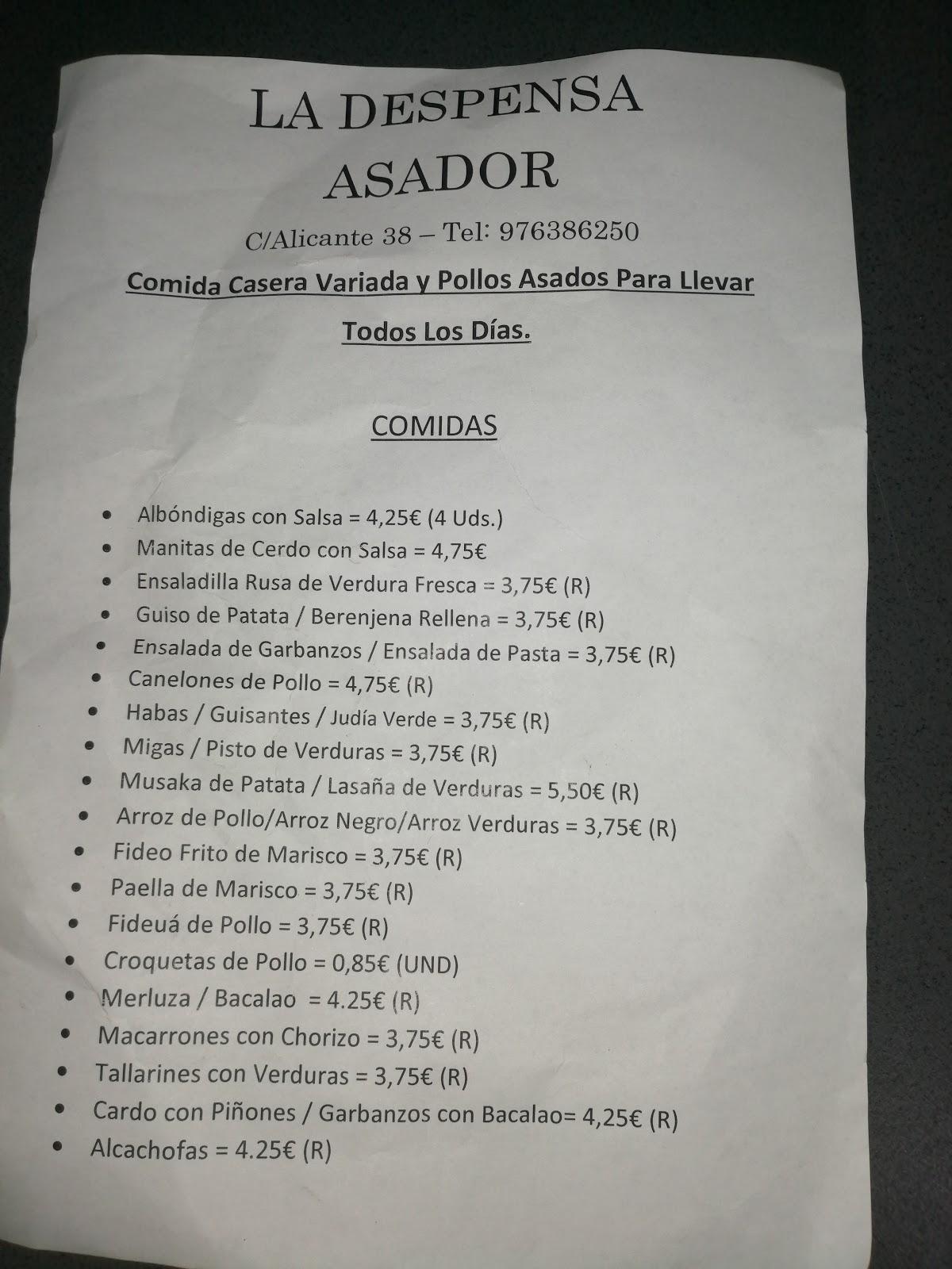 Menu at La Despensa restaurant, Zaragoza, C. Alicante