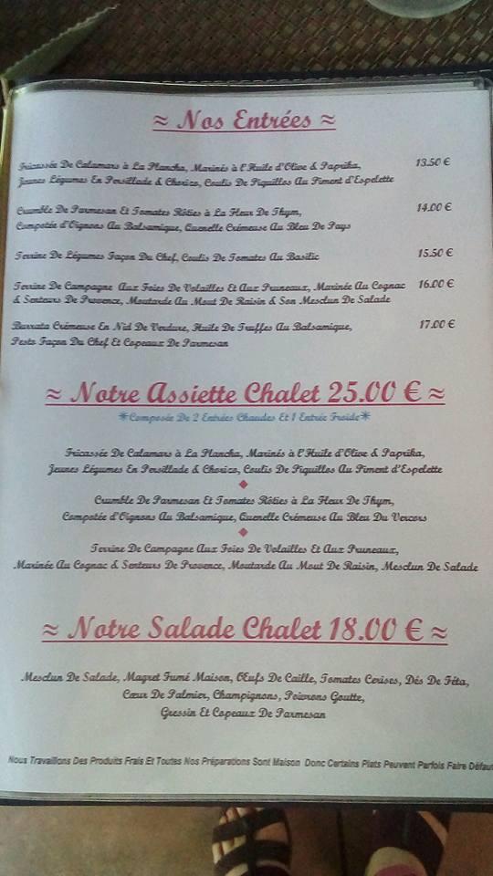 Menu au Le Chalet du Parc restaurant, Montélimar