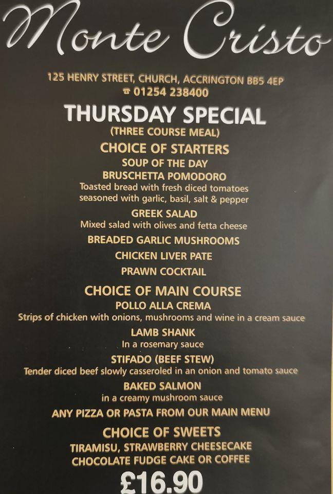 Menu at Monte Cristo restaurant, Accrington