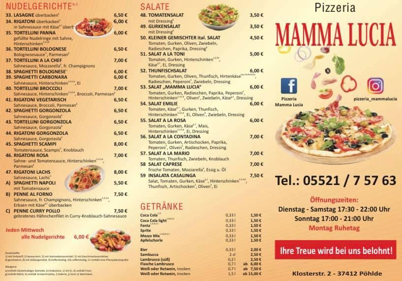 Menu at Pizzeria Mamma Lucia, Herzberg am Harz