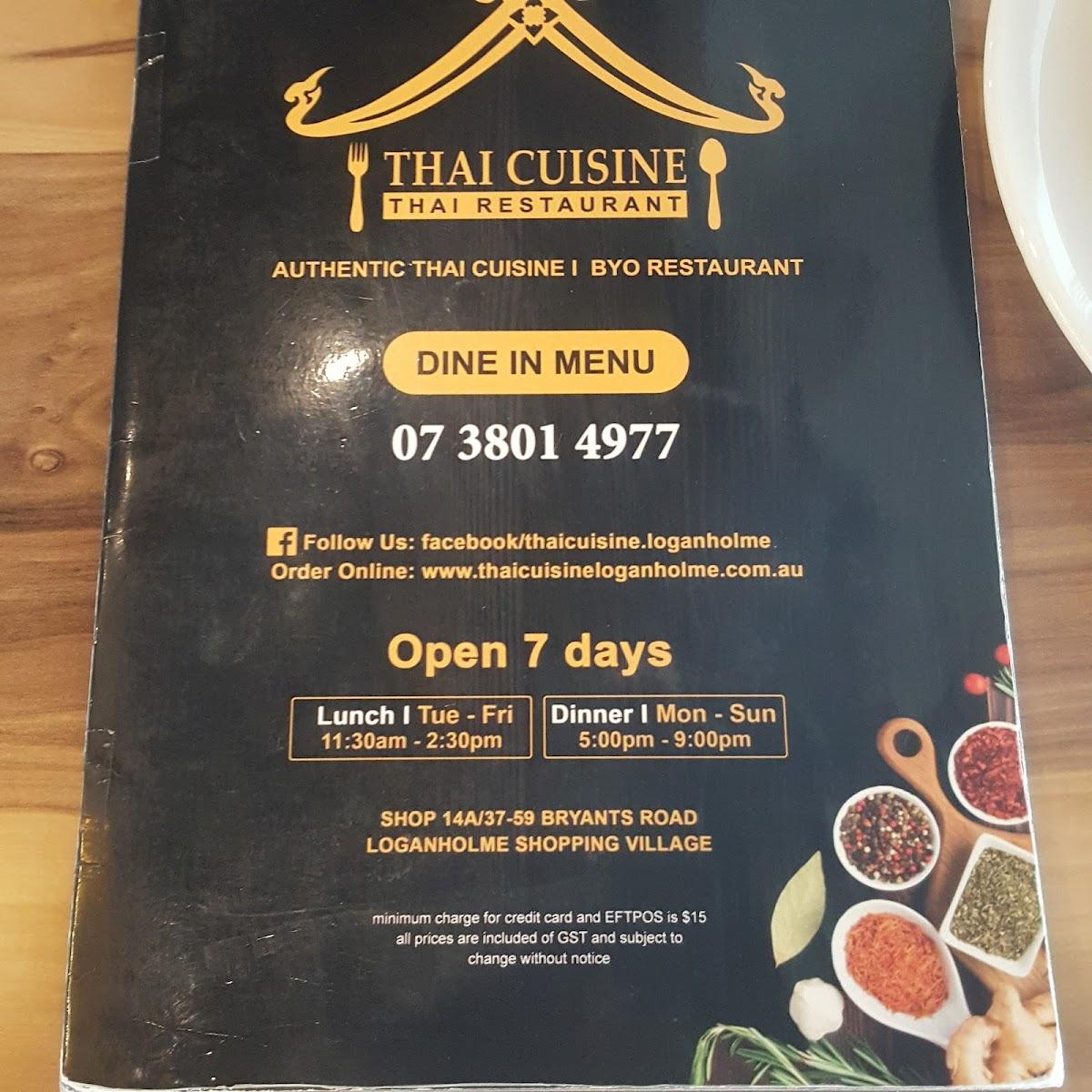 Menu at Thai Cuisine restaurant, Loganholme