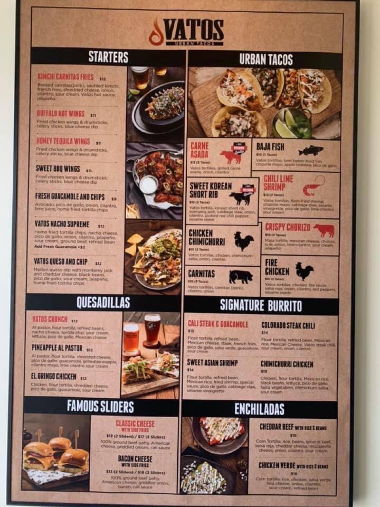 Menu at Vatos Urban Tacos restaurant, South Korea