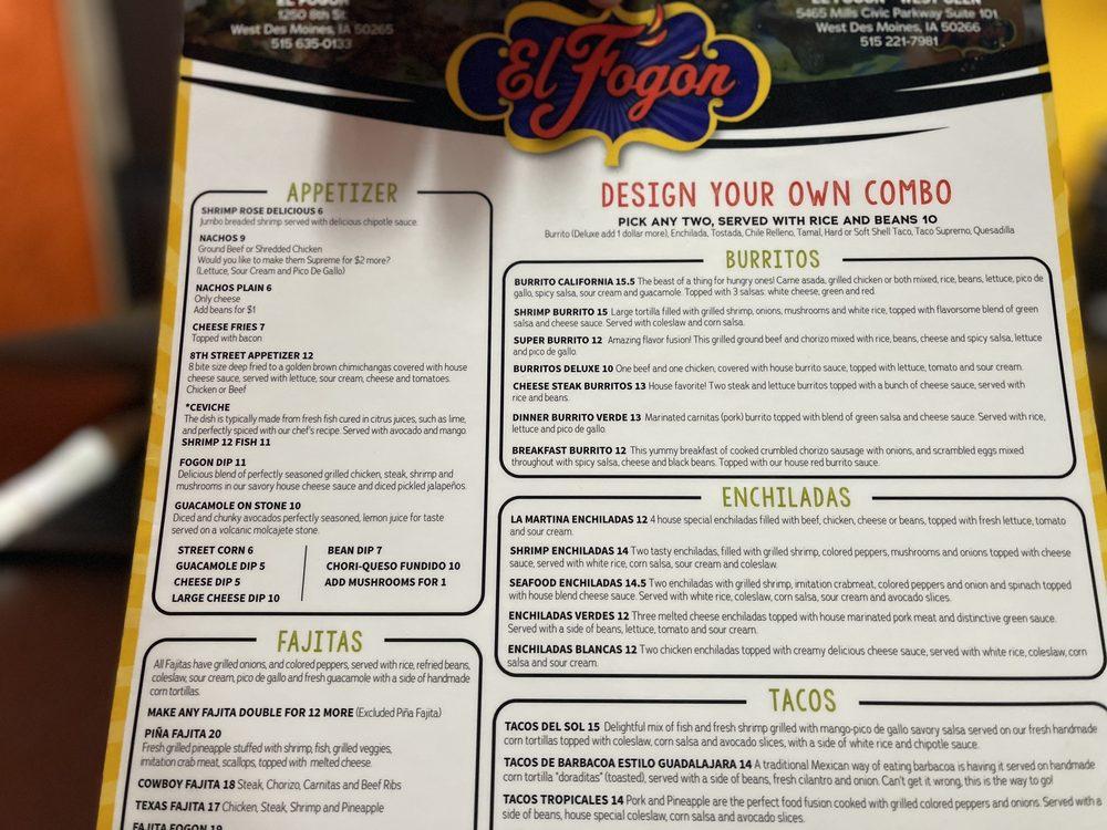 Menu at El Fogon restaurant, West Des Moines