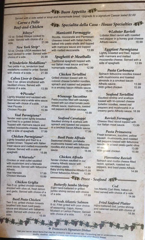 Menu at Francesco's Bistro pizzeria, St. Louis
