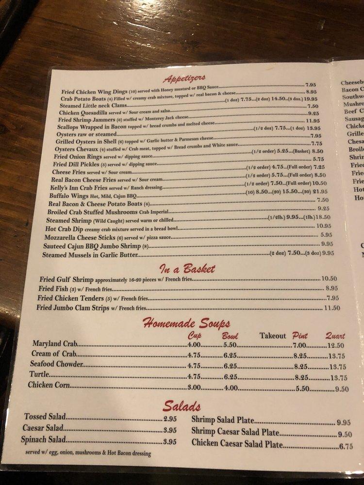 Menu at Kelly's Inn restaurant, York