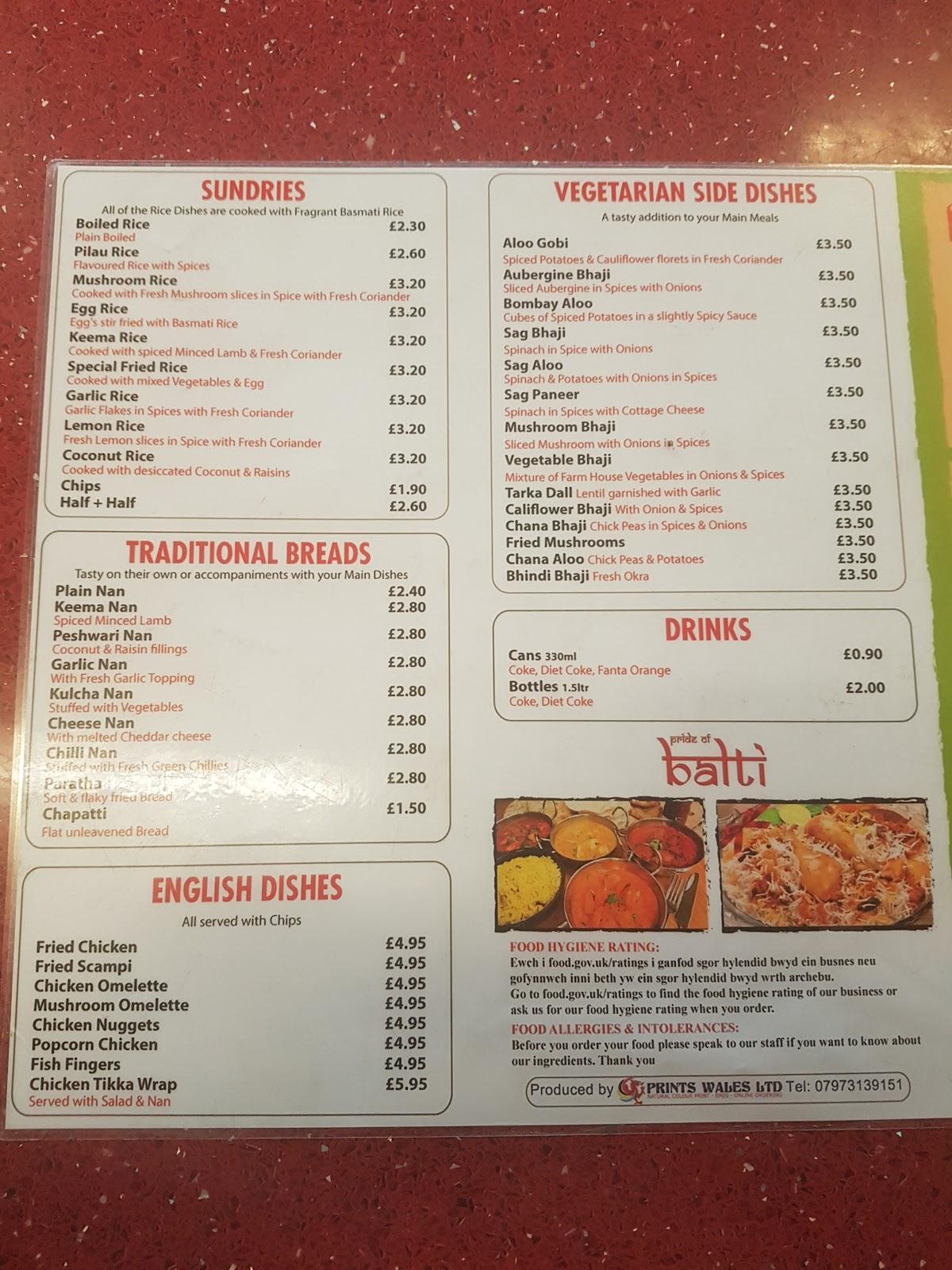 Menu at Pride Of Balti fast food, Risca