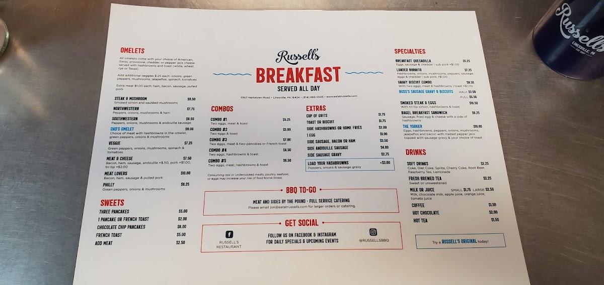Menu at Russell's BBQ, Pymatuning Central