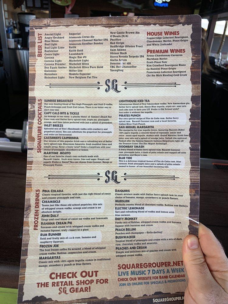 Menu at Square Grouper Tiki Bar Jupiter Inlet, Jupiter