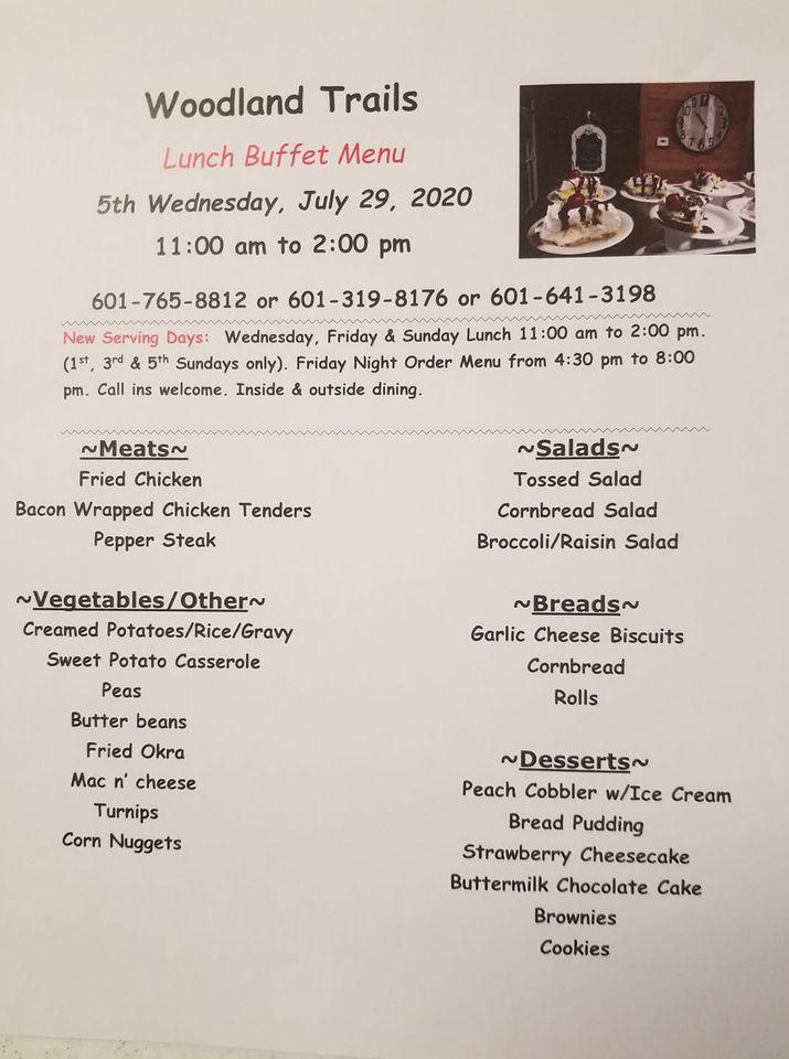 Menu at Woodland Trails restaurant, Collins
