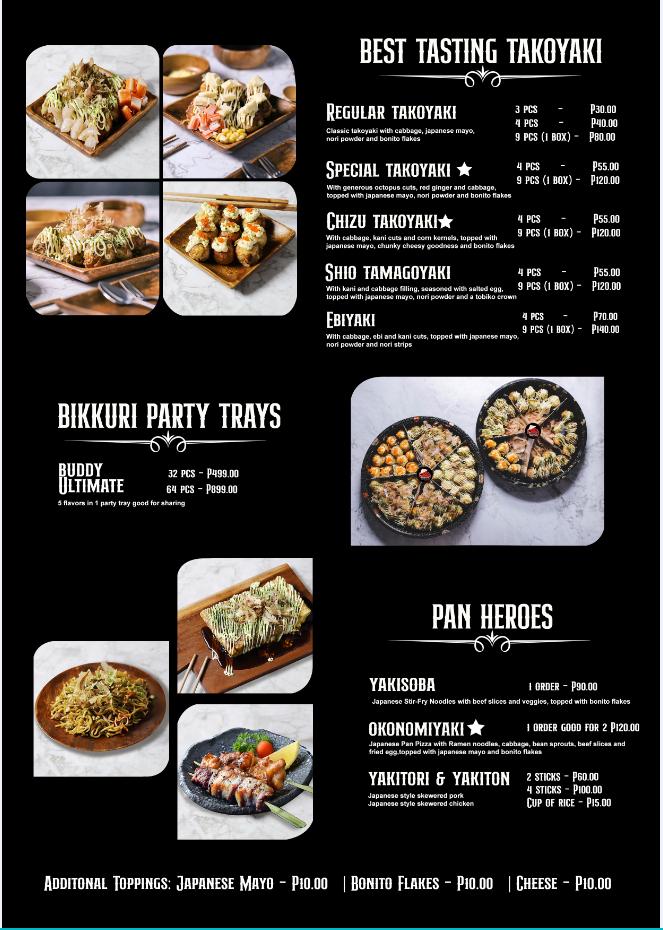 Menu at Bikkuri Takoyaki - Parian Branch restaurant, Calamba