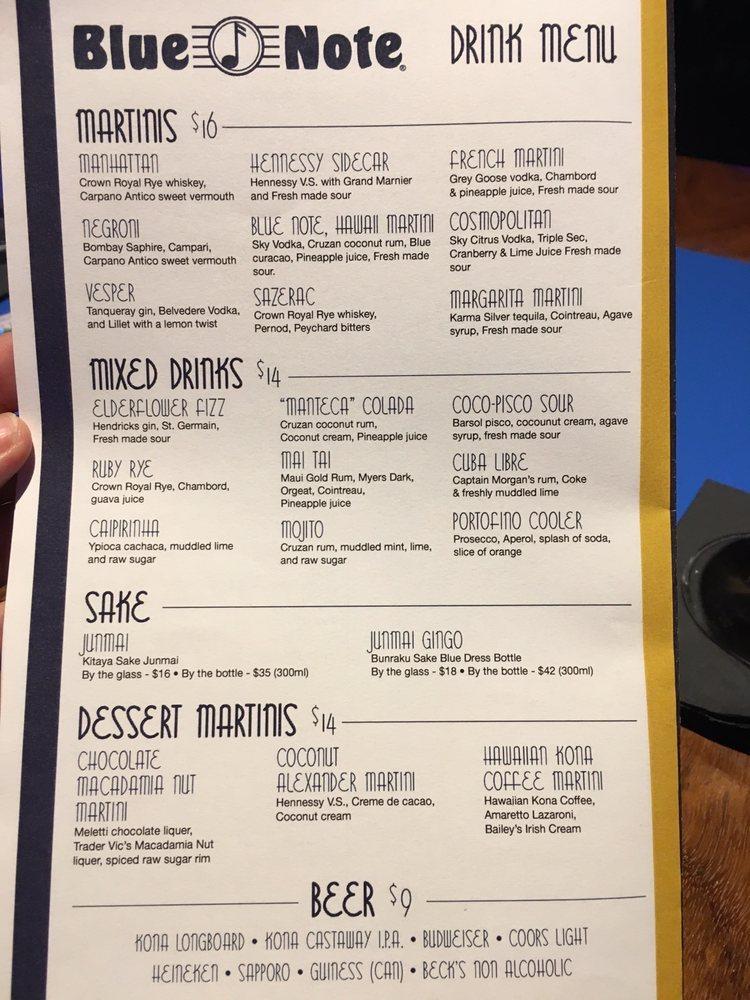 Menu at Blue Note Hawaii restaurant, Honolulu