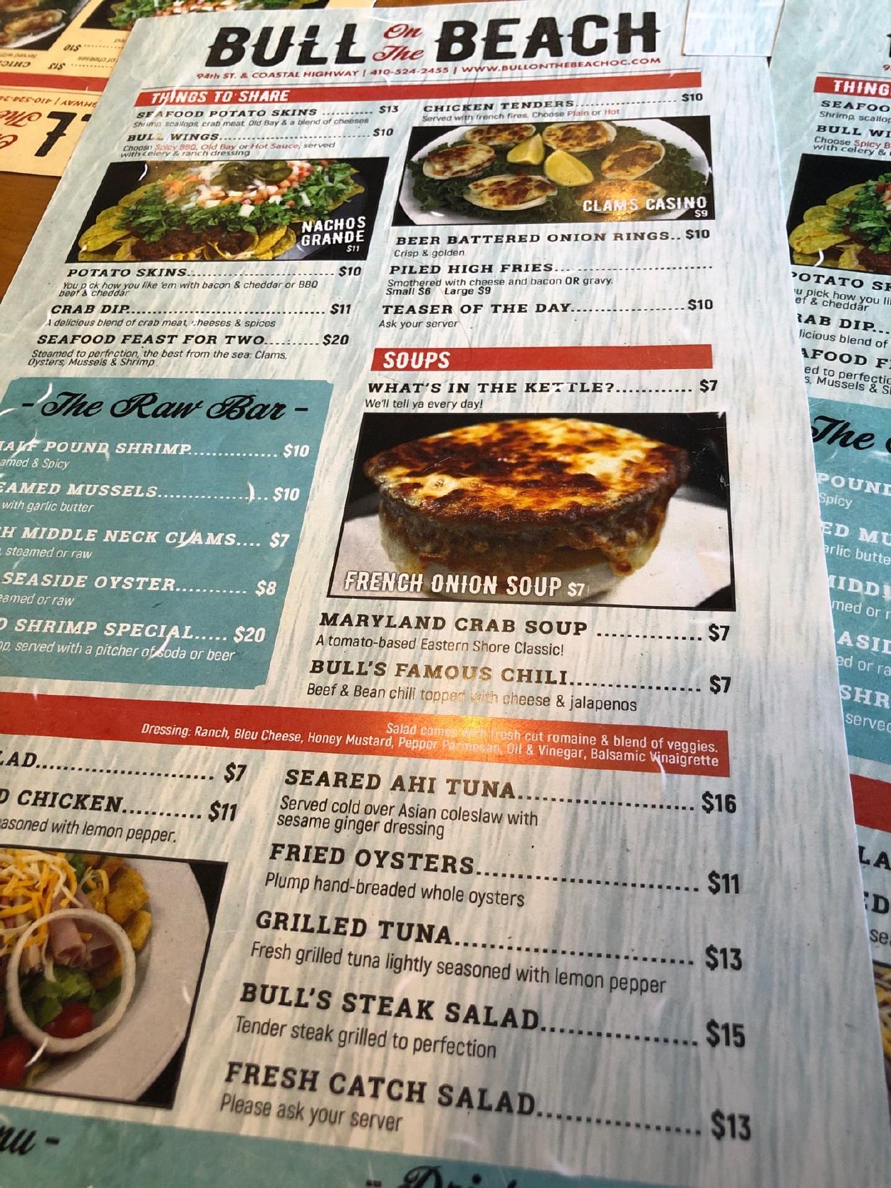 Menu at Bull on the Beach pub & bar, Ocean City, 17 94th St