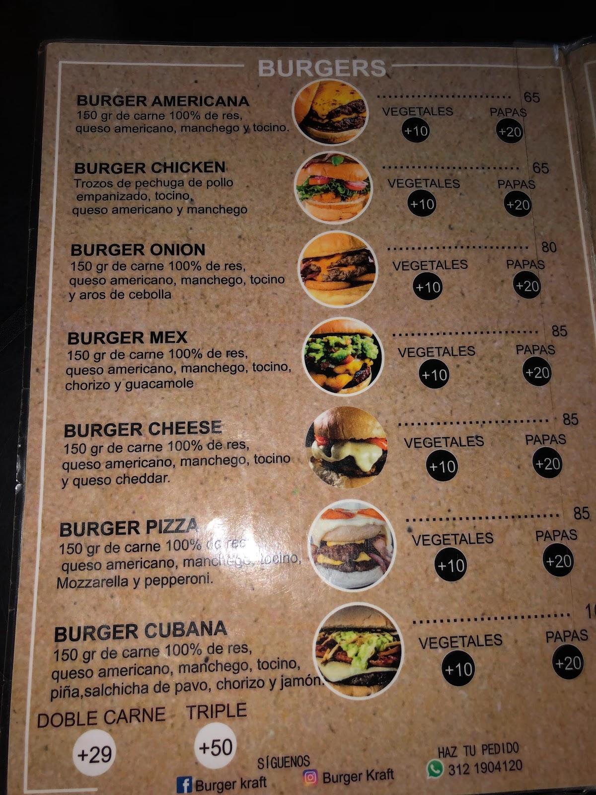 Menu at Burger kraft restaurant, Colima