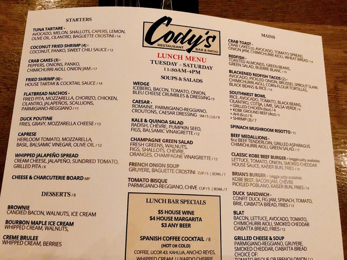 Menu at Cody's Restaurant Bar & Patio, San Marcos