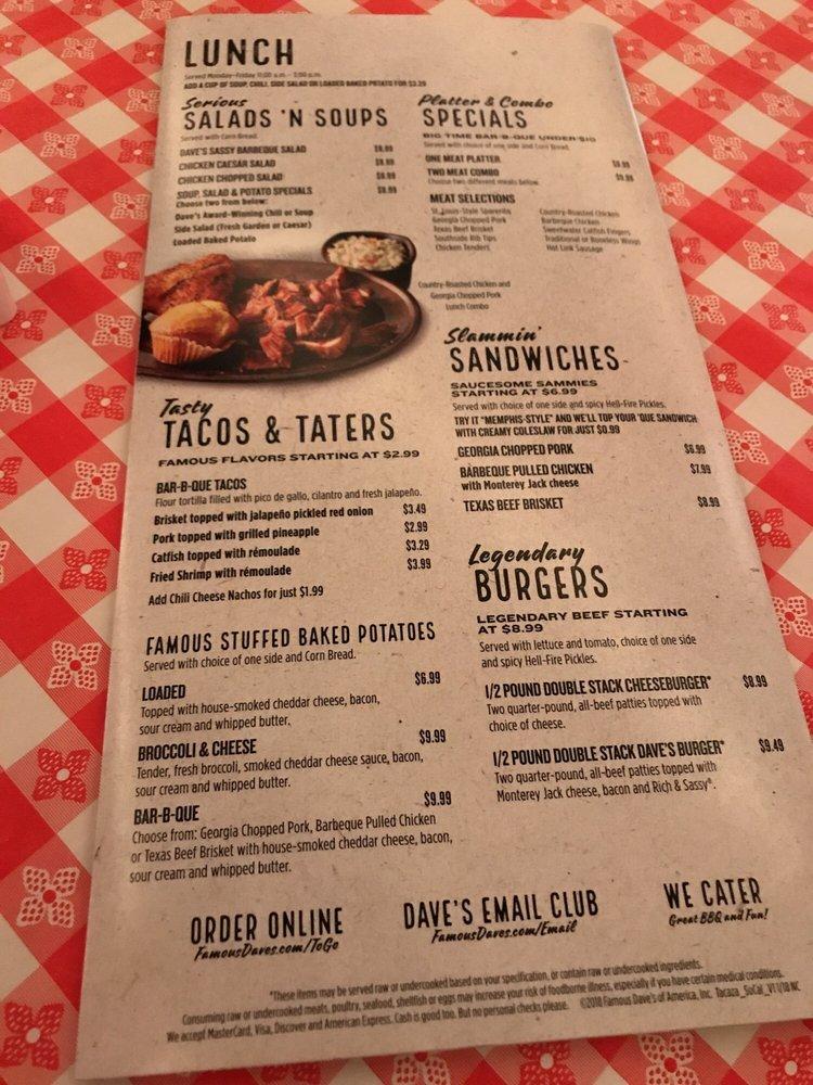 Menu at Famous Dave's Bar-B-Que, Redlands