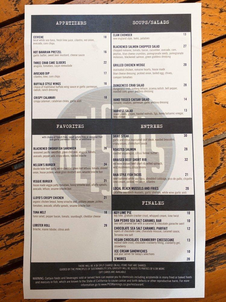 Menu at Nelson's restaurant, Rancho Palos Verdes, 100 Terranea Way