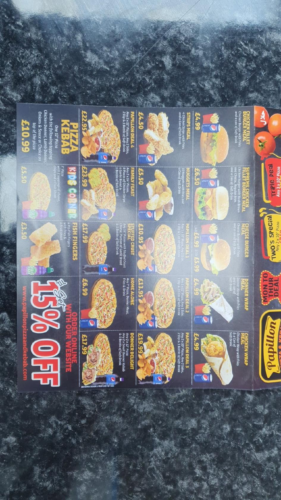 Menu at Papillon Pizza restaurant, Mansfield