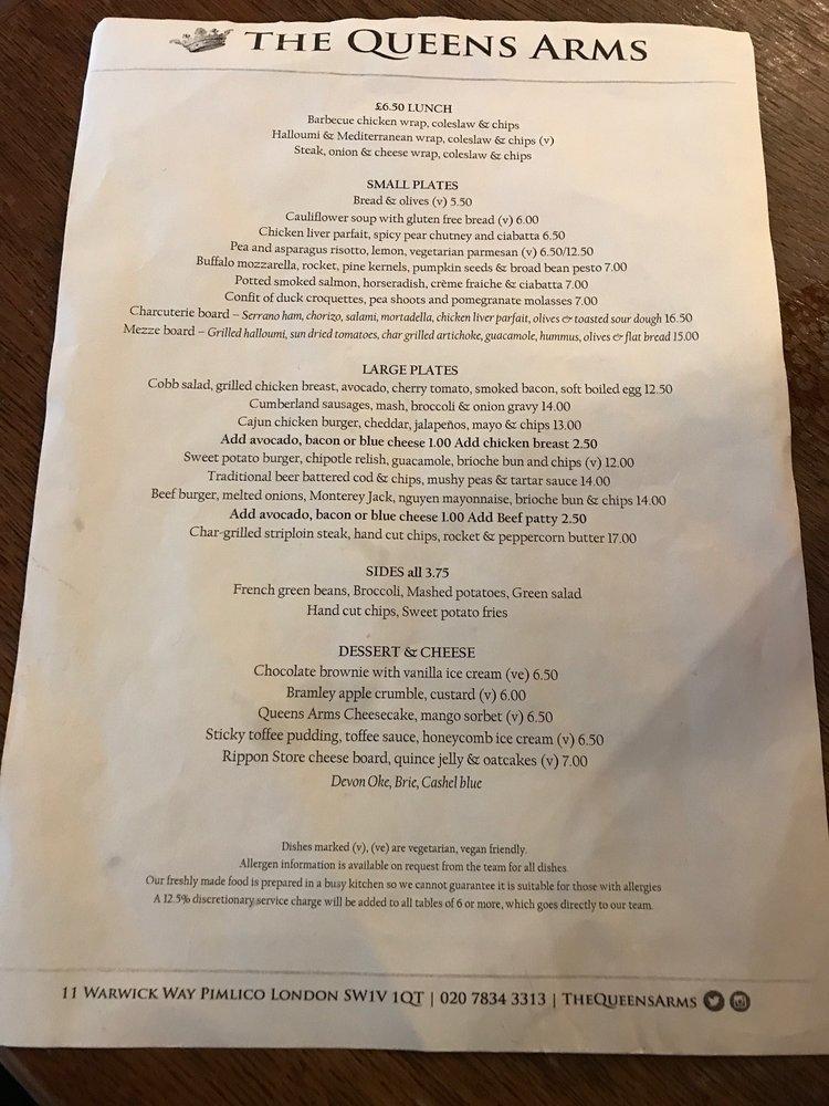 Menu at The Queens Arms pub & bar, London, 11 Warwick Way
