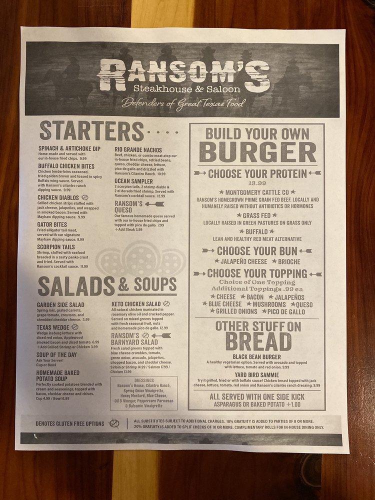 Menu at Ransom's Steakhouse & Saloon, Montgomery