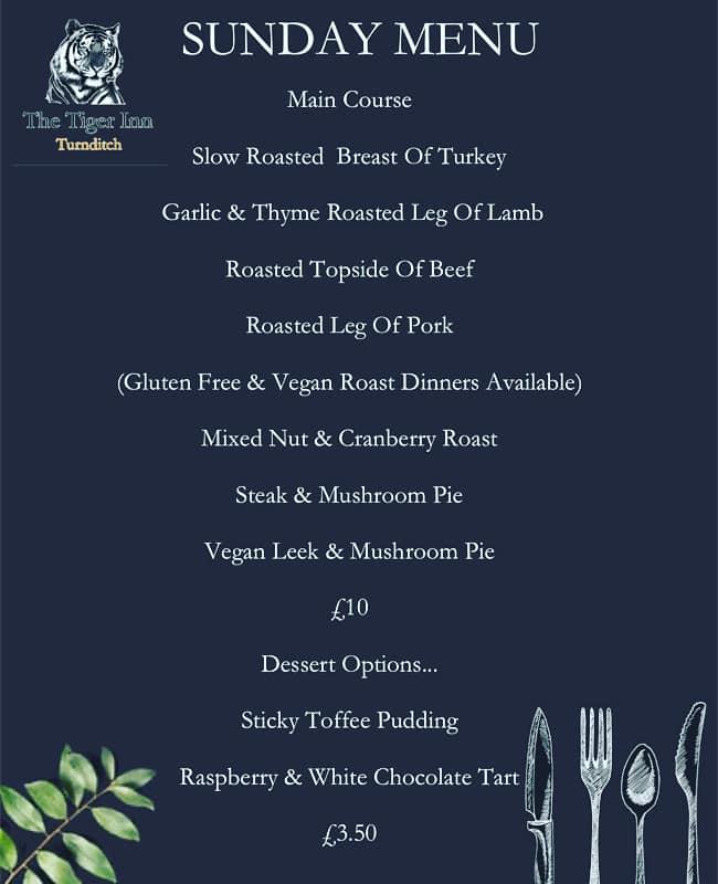 Menu at The Tiger Inn pub & bar, Turnditch