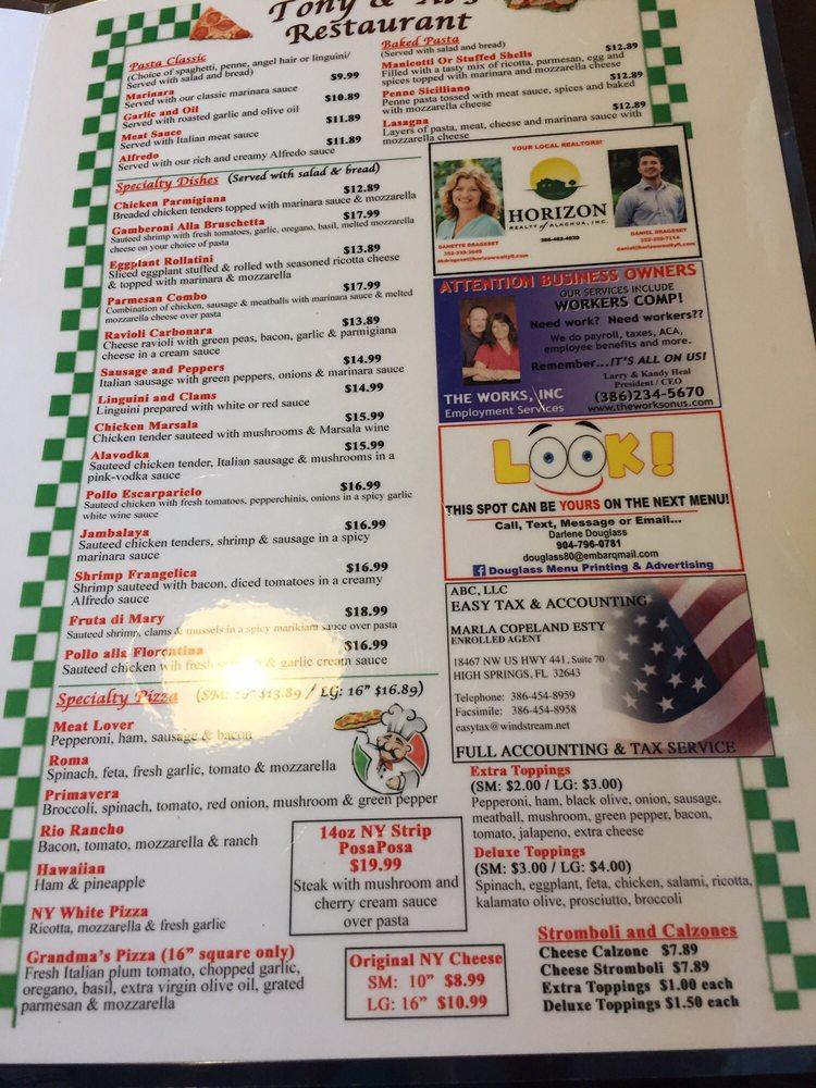 Menu at Tony and Al's Deli pizzeria, Alachua