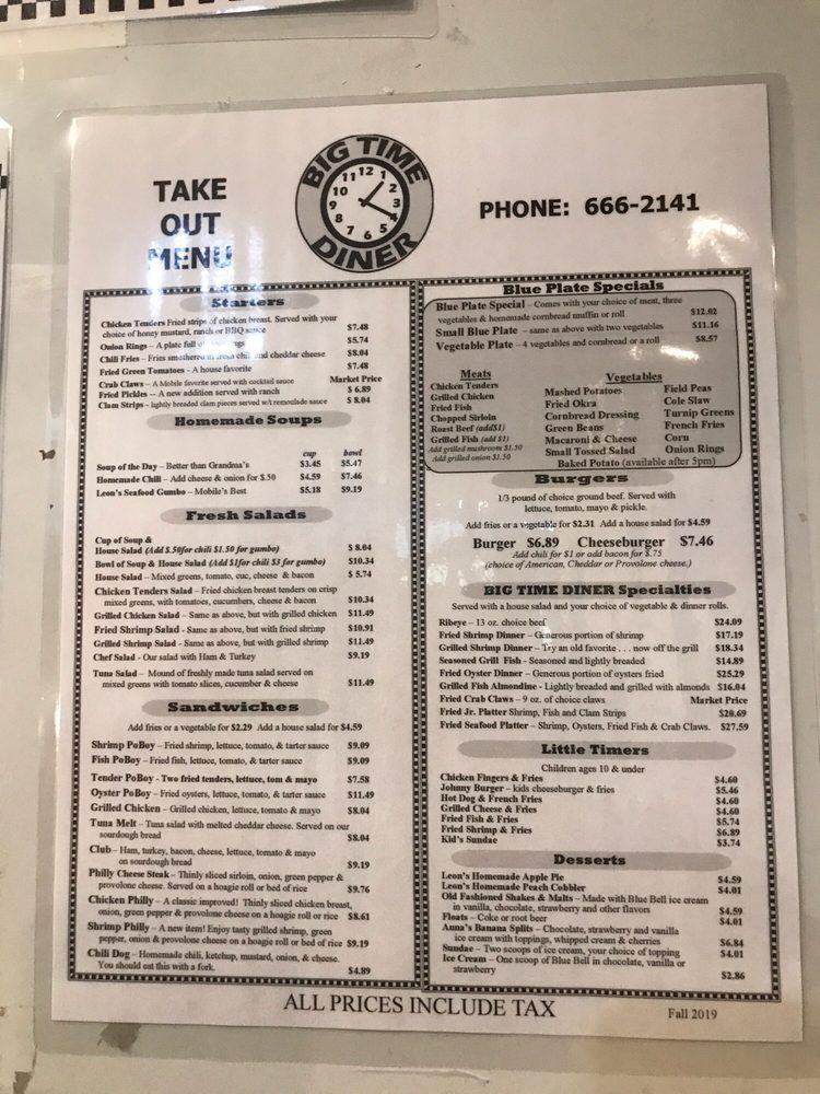 Menu at Big Time Diner restaurant, Mobile