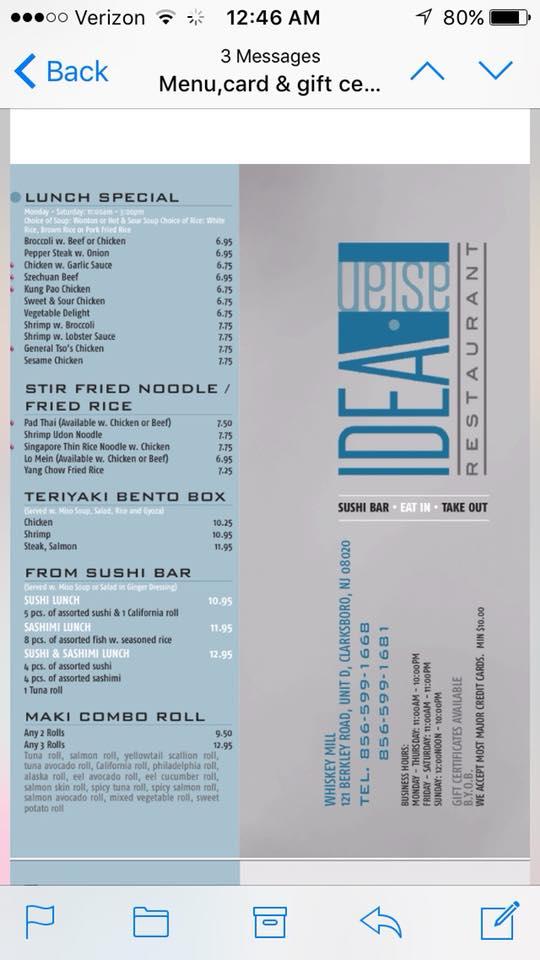 Menu at Idea Asian Restaurant, Clarksboro