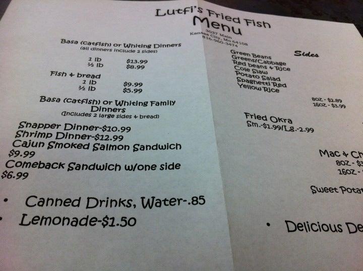 Menu at Lutfi's Fried Fish restaurant, Kansas City, Main St