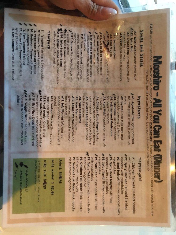 Menu at Mooshiro Japanese Cuisine restaurant, Winnipeg