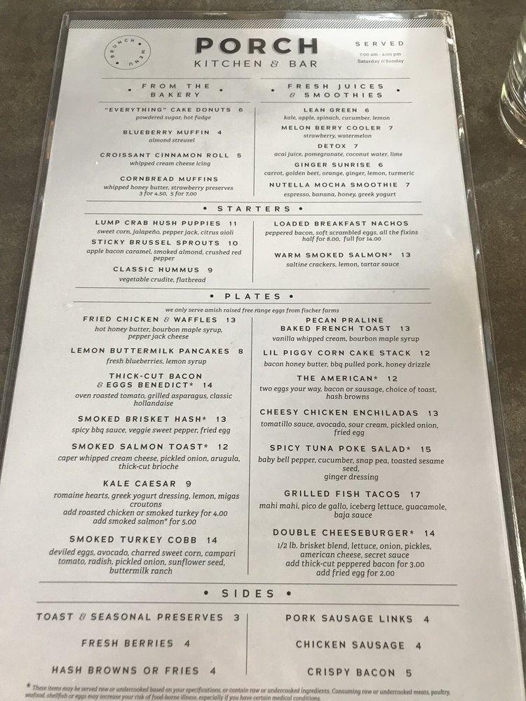 Menu at Porch Kitchen & Bar, Louisville