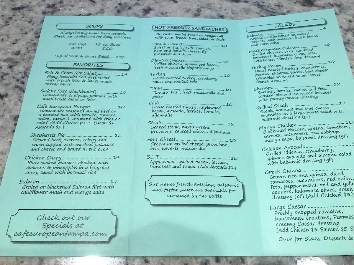 Menu at Cafe European, Tampa, S West Shore Blvd