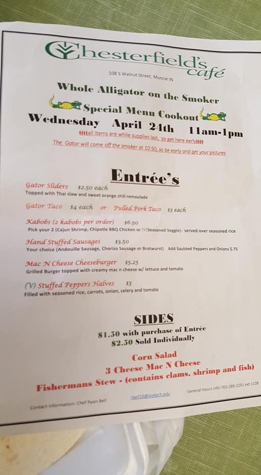 Menu at Chesterfield's cafe, Muncie