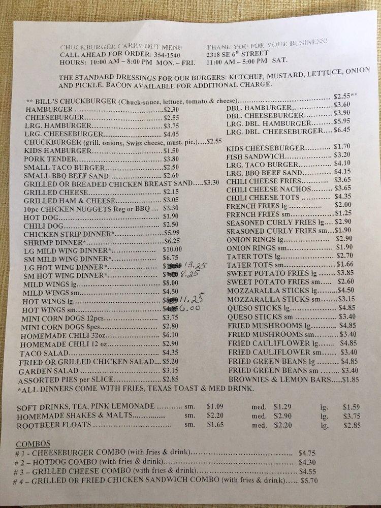 Carta del restaurante Chuckburger, Topeka