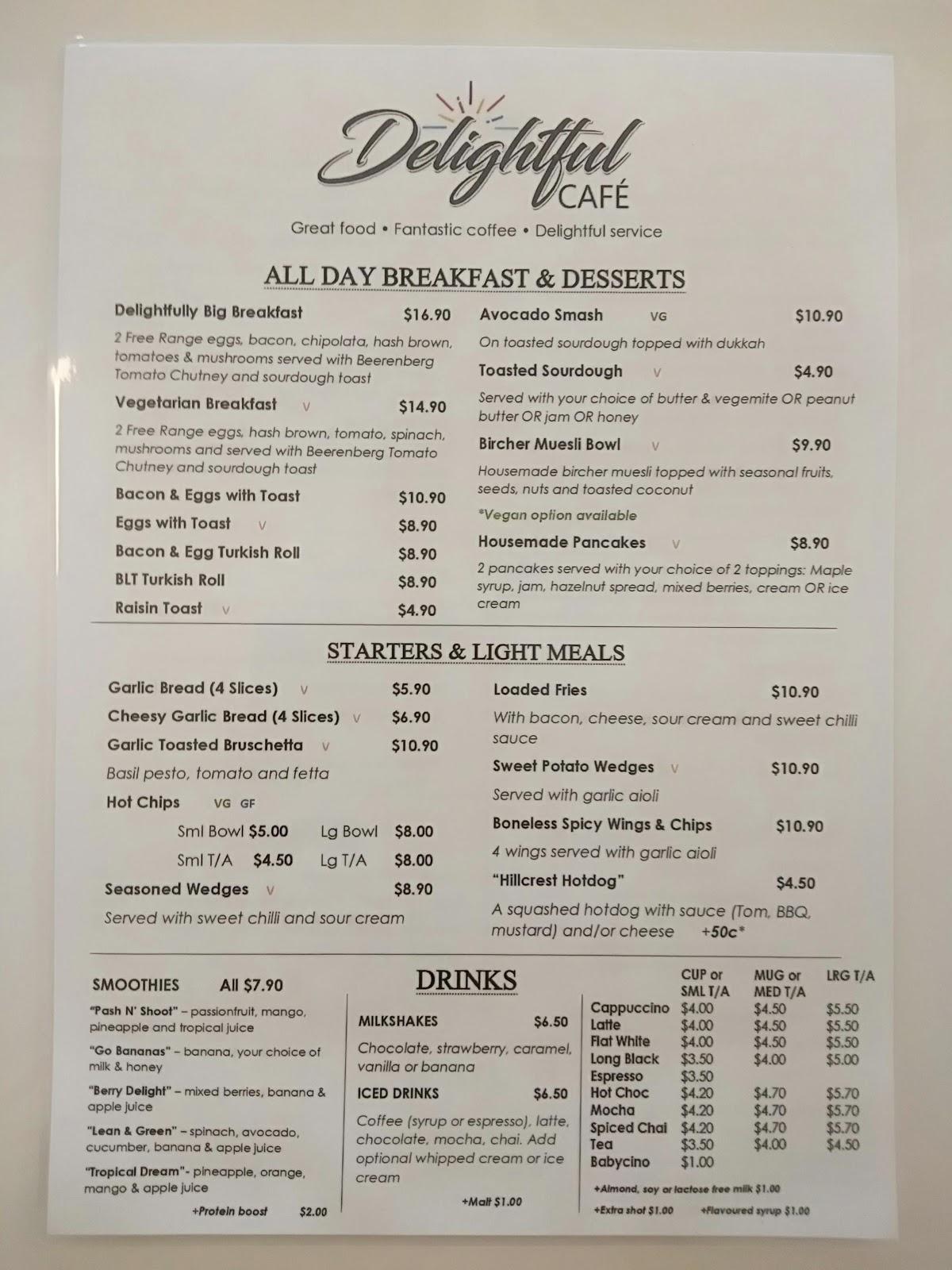 Menu at Delightful Cafe, Lightsview