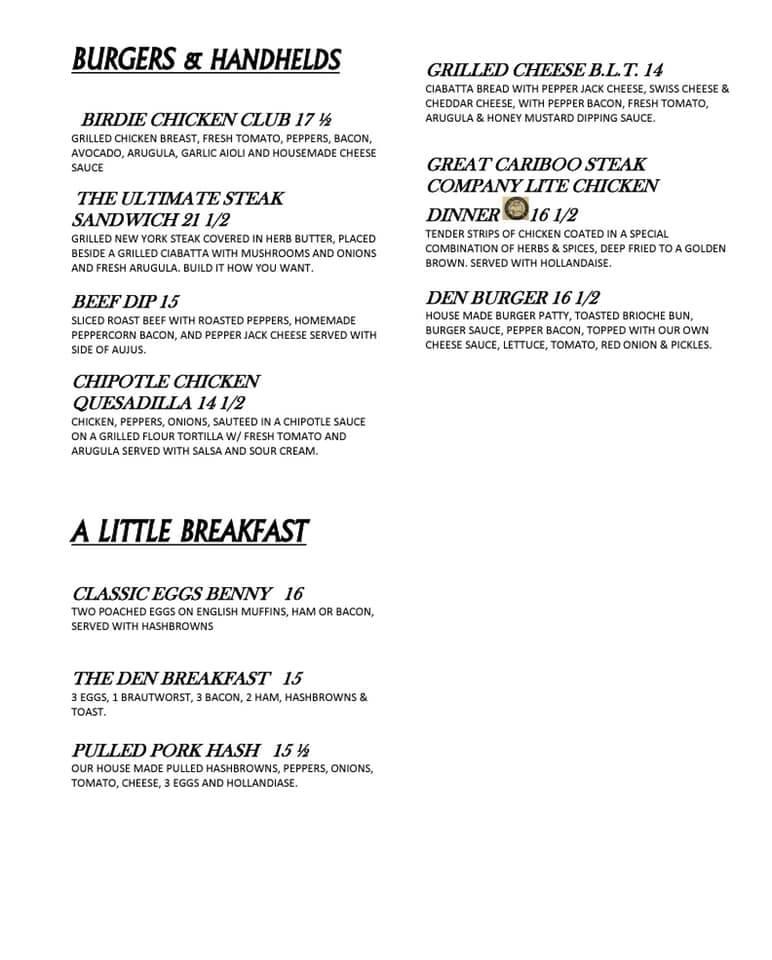Menu at Fox's Den Bar & Grill, Williams Lake