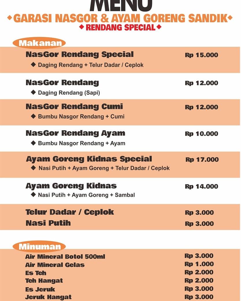 Menu at Garasi Nasi Goreng Rendang Spesial Sandik restaurant, Sandik