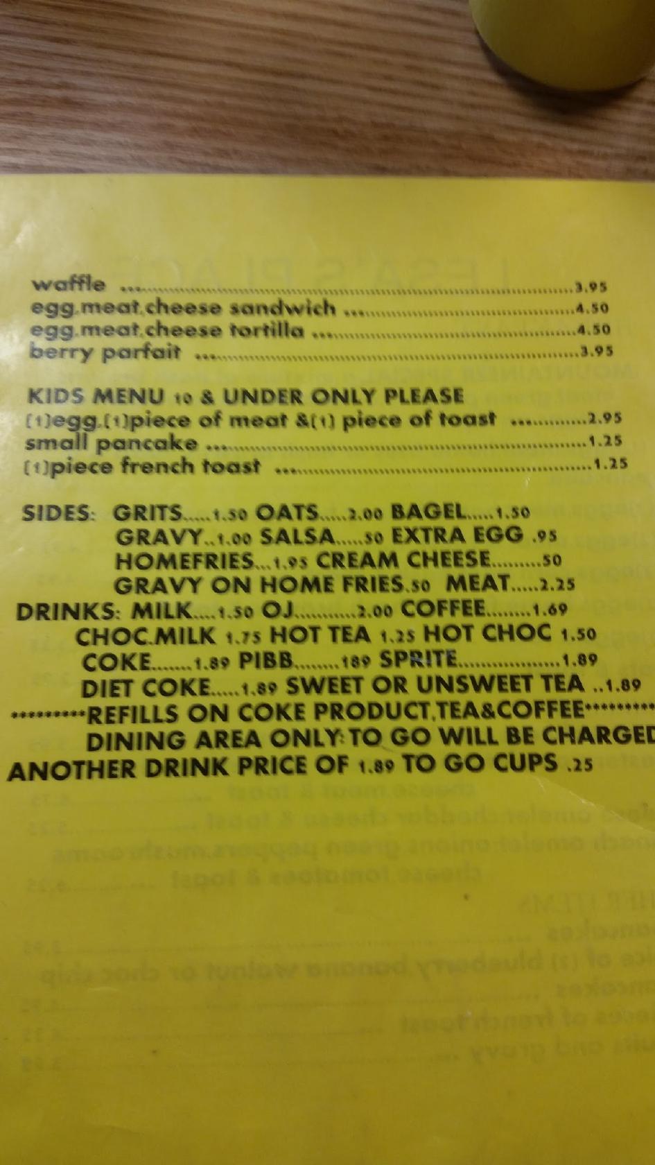 Menu at Lesa's Place cafe, Grafton, RR 50