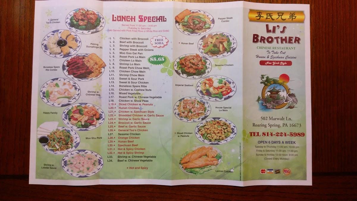 Menu at Li's Brothers restaurant, Roaring Spring