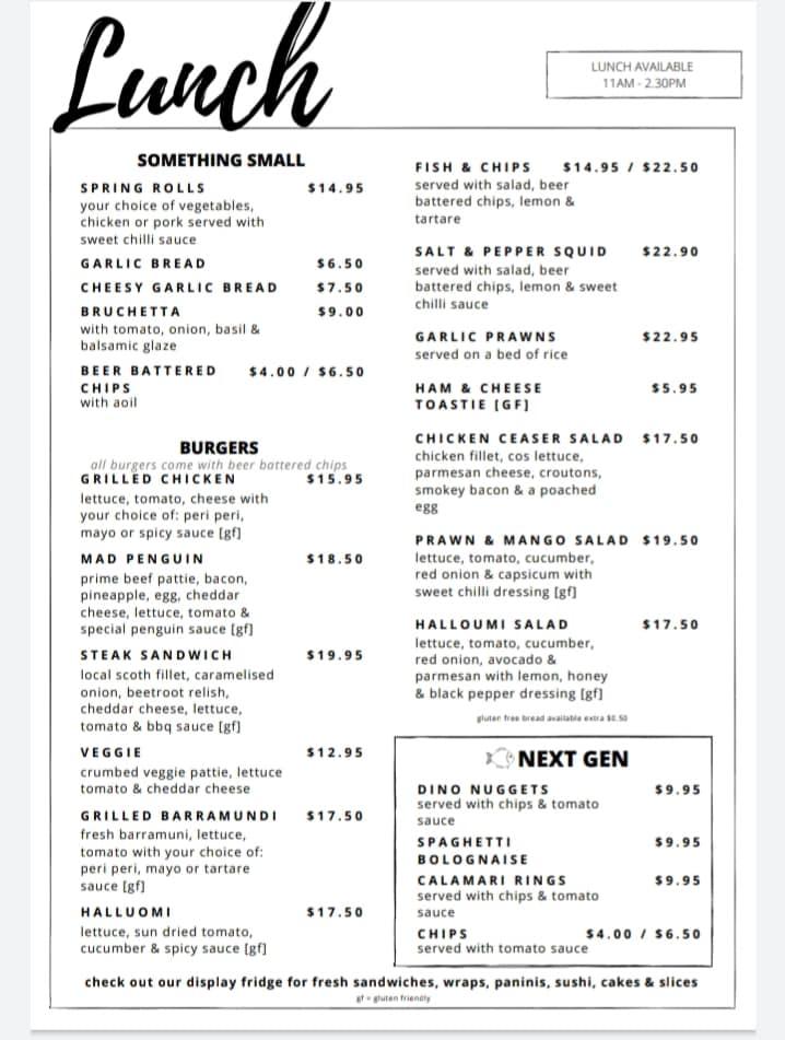 Menu at Mad Penguin Cafe, pizza, Bar & Restaurant, Millicent