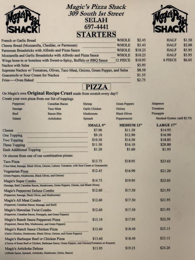 Menu at Magic's Pizza Shack pizzeria, Selah