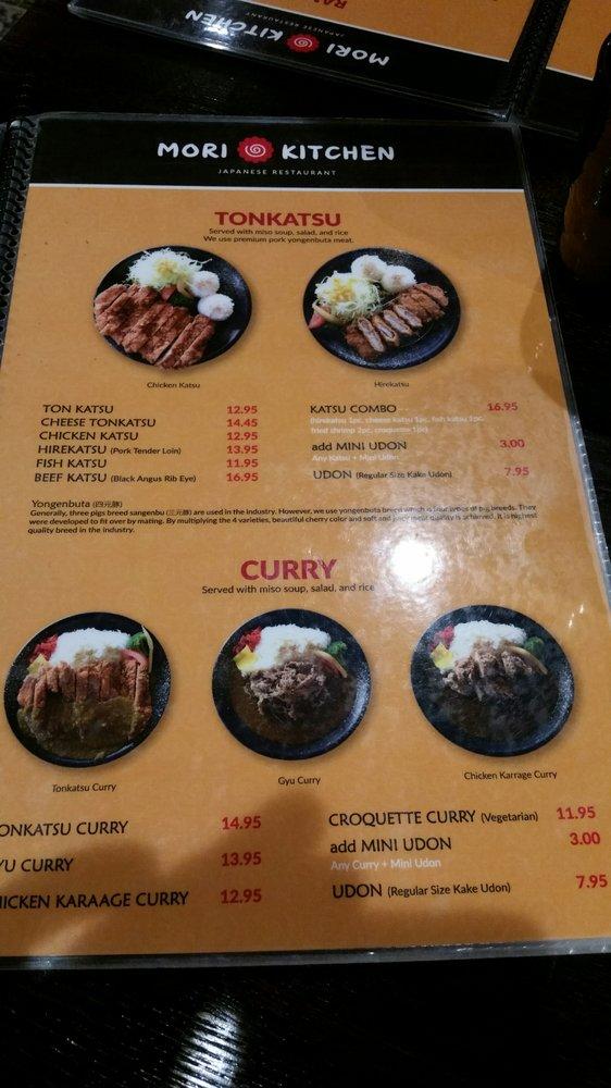Menu at Mori Kitchen restaurant, San Jose
